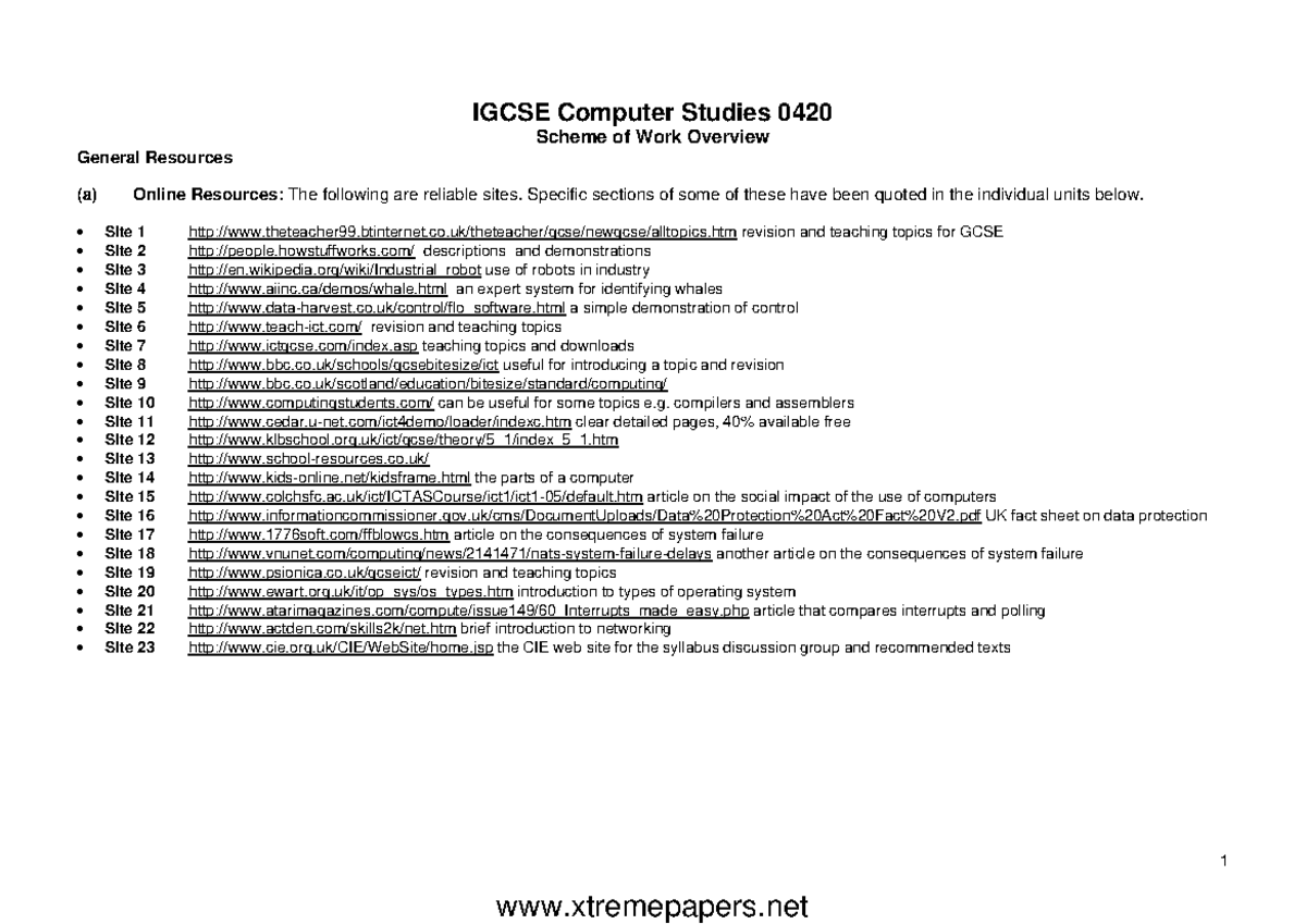 IGCSE Computer Studies 0420 Scheme of Work Overview & Resources - Studocu