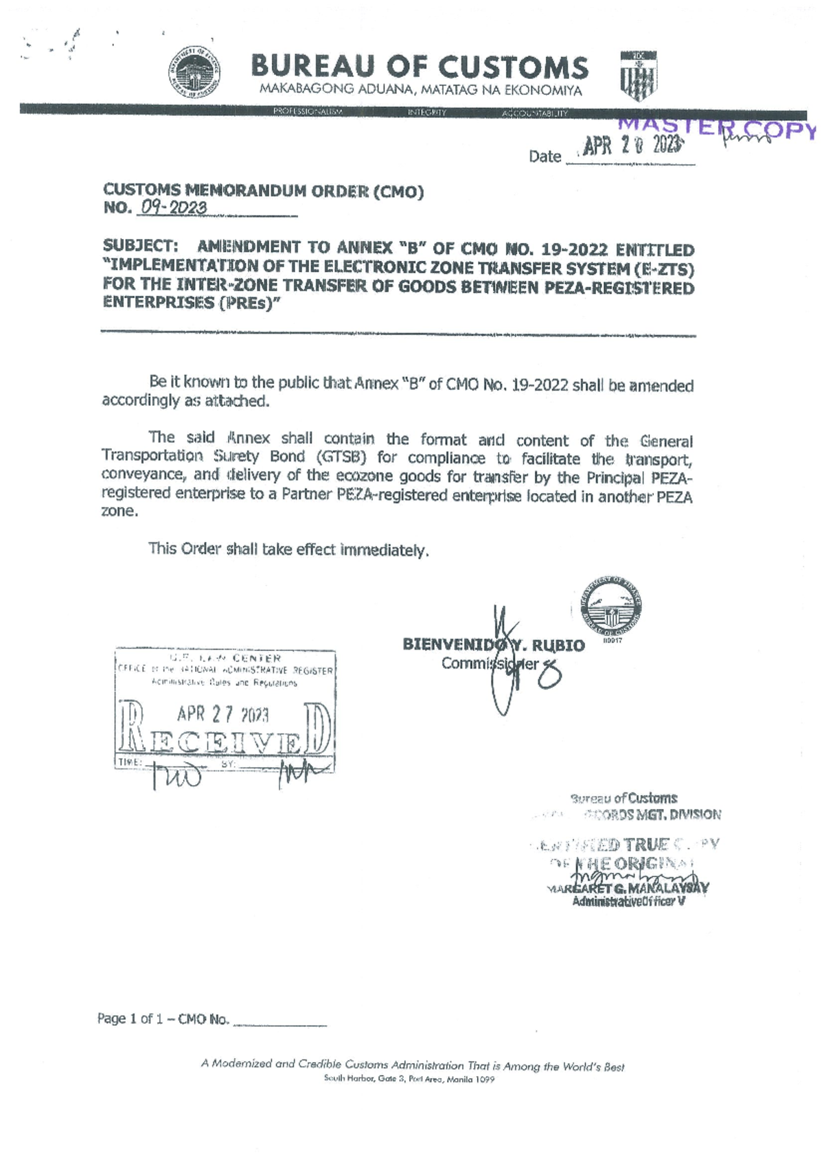 CMO No. 2023-09: Amendment to Annex of Electronic Zone Transfer System ...