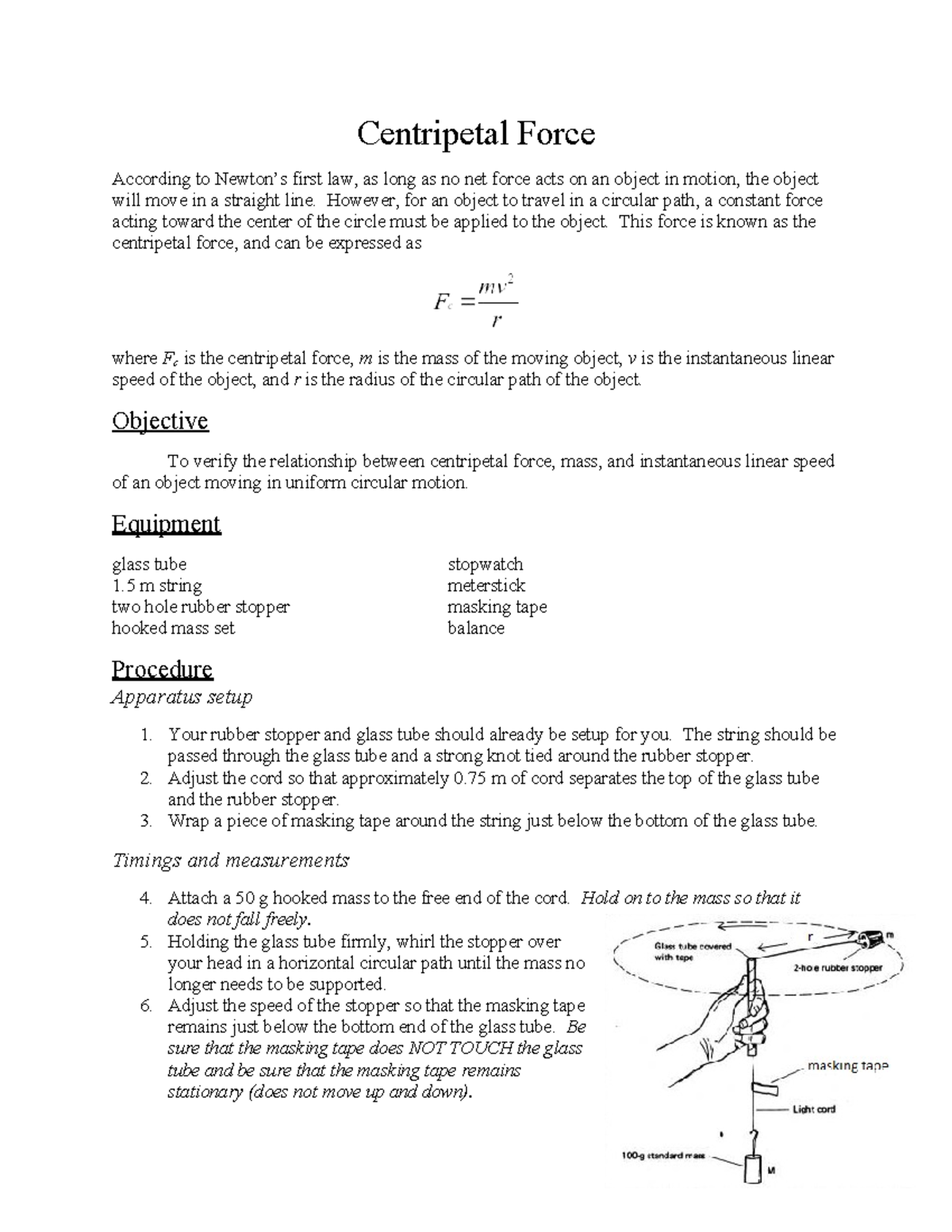 LAB: Centripetal Force Experiment (Physics 101) - Studocu