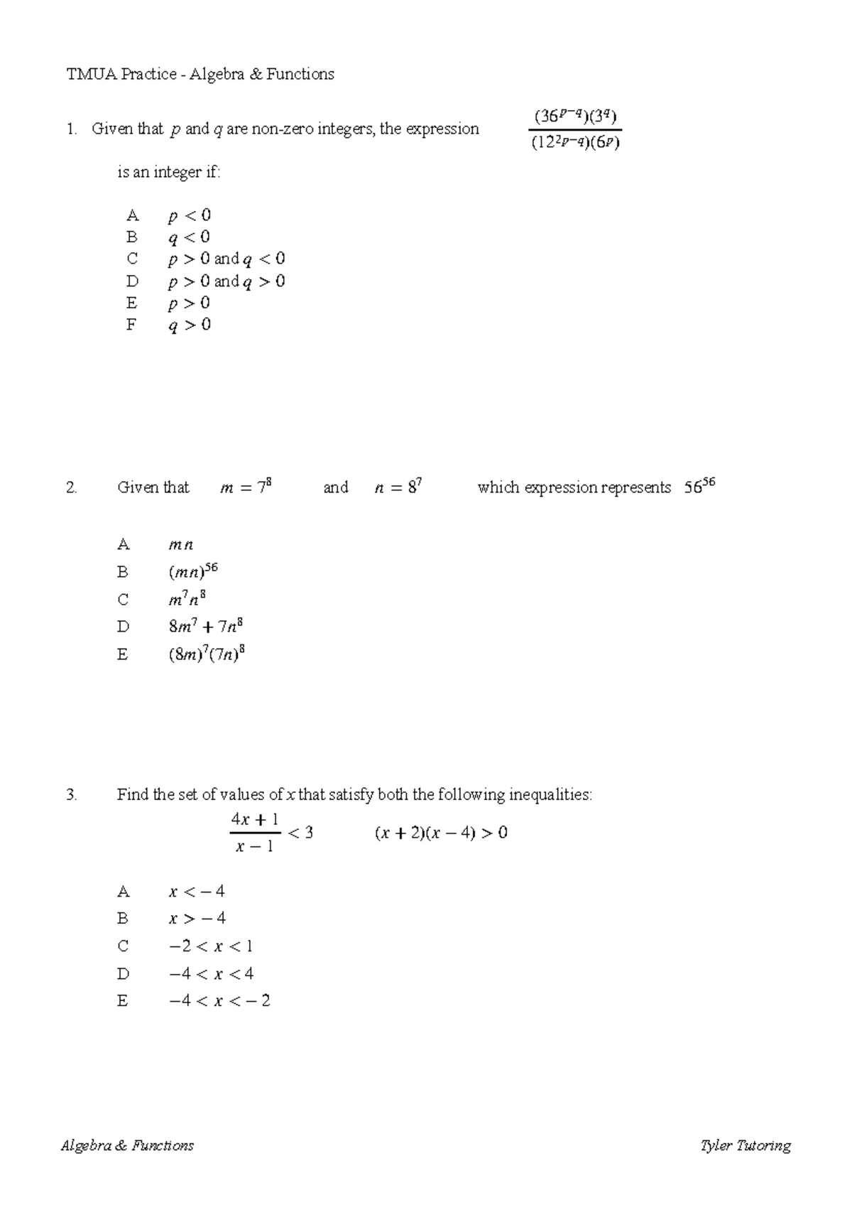 TMUA Algebra Functions MC Practice Exam - Studocu