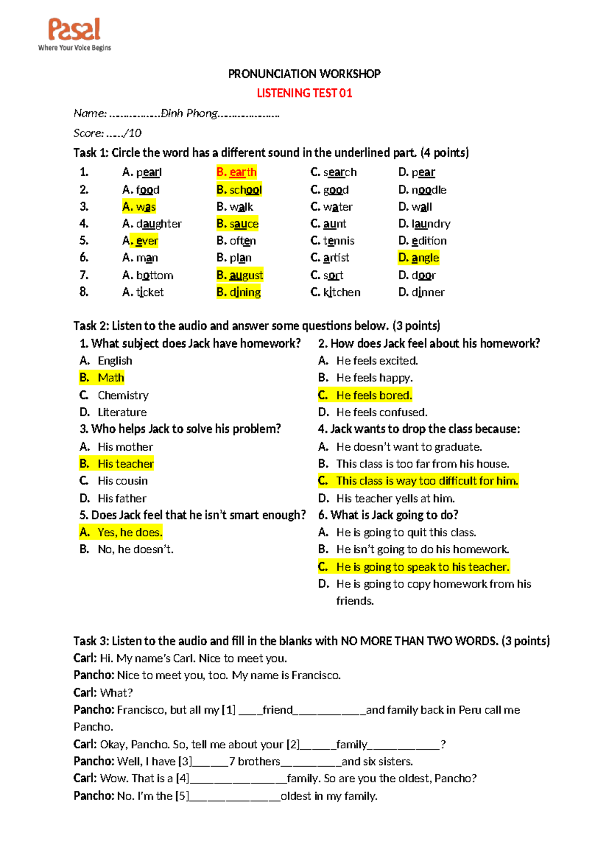 Listening Test 01 - Pronunciation Workshop - gvbjhkutu - Studocu