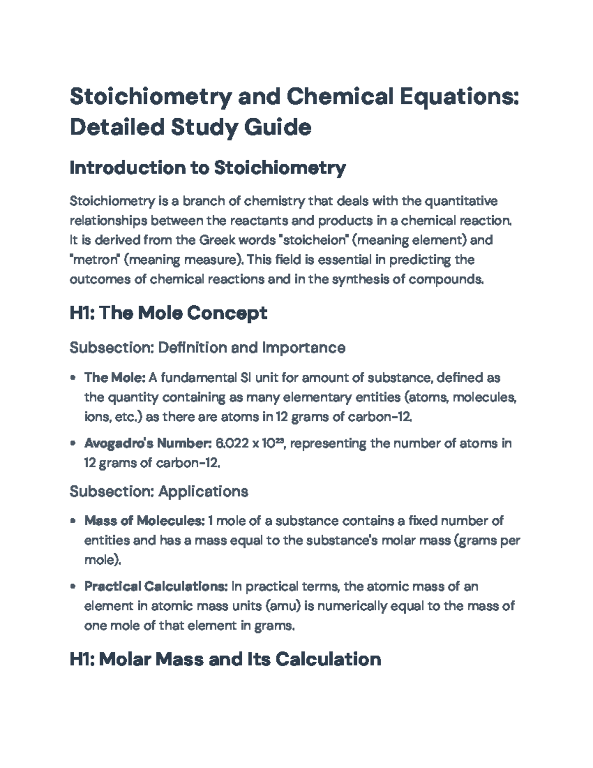 Stoichiometry and Chemical Equations Study Guide (CHEM 101 ...