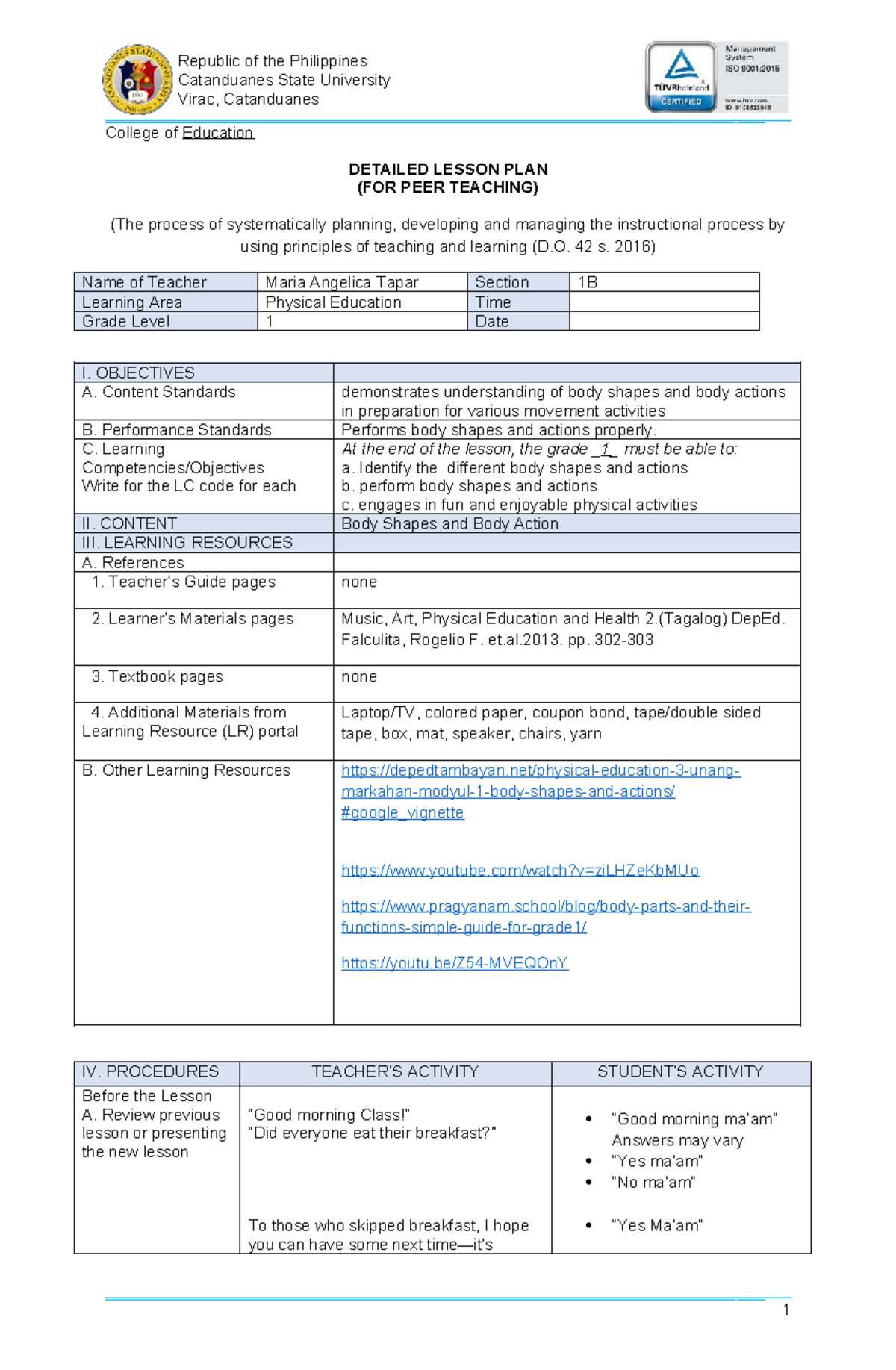 Detailed Lesson Plan for PE1: Body Shapes and Actions - Studocu