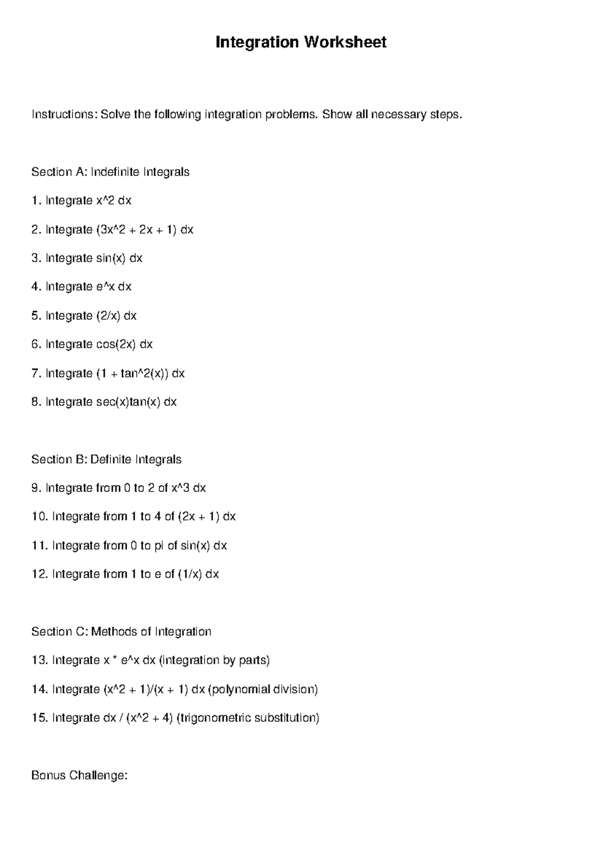 Integration Worksheet: Indefinite & Definite Integrals Problems - Studocu