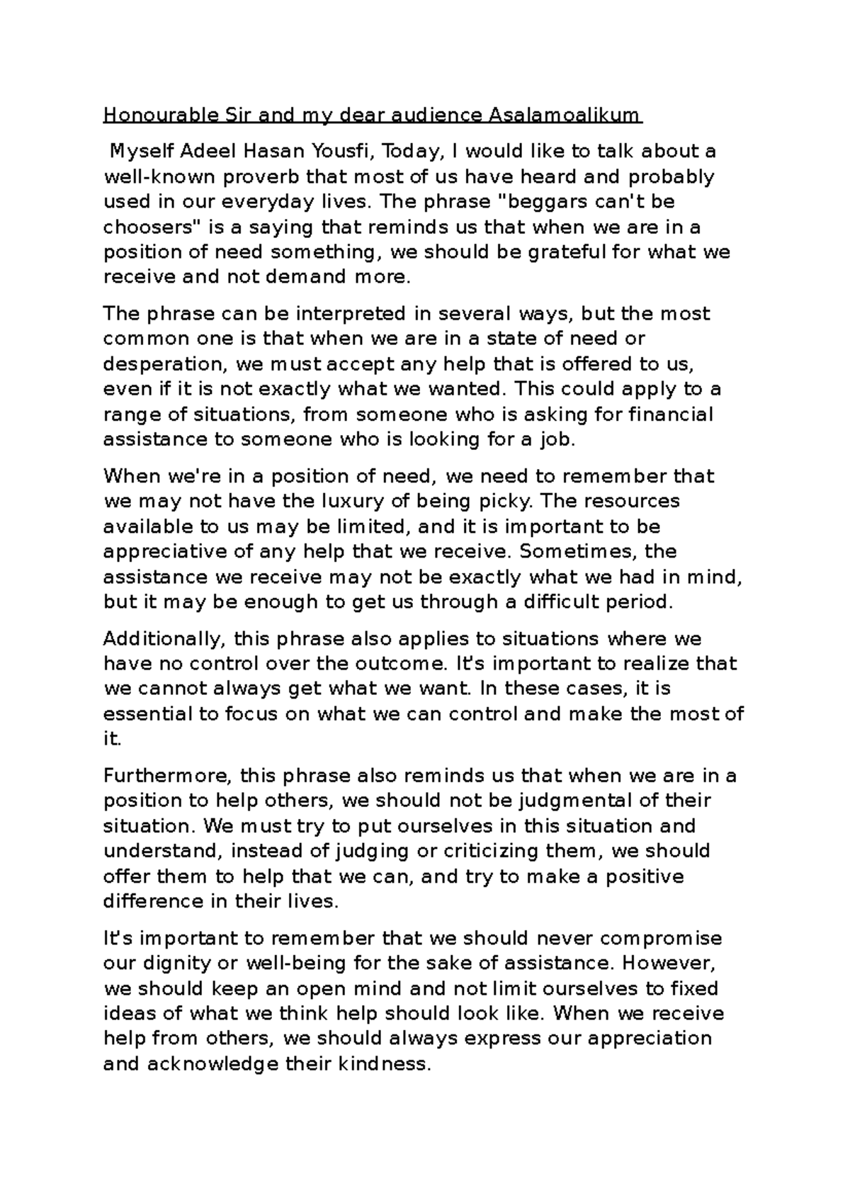Understanding the Proverb: "Beggars Can't Be Choosers" Essay - Studocu