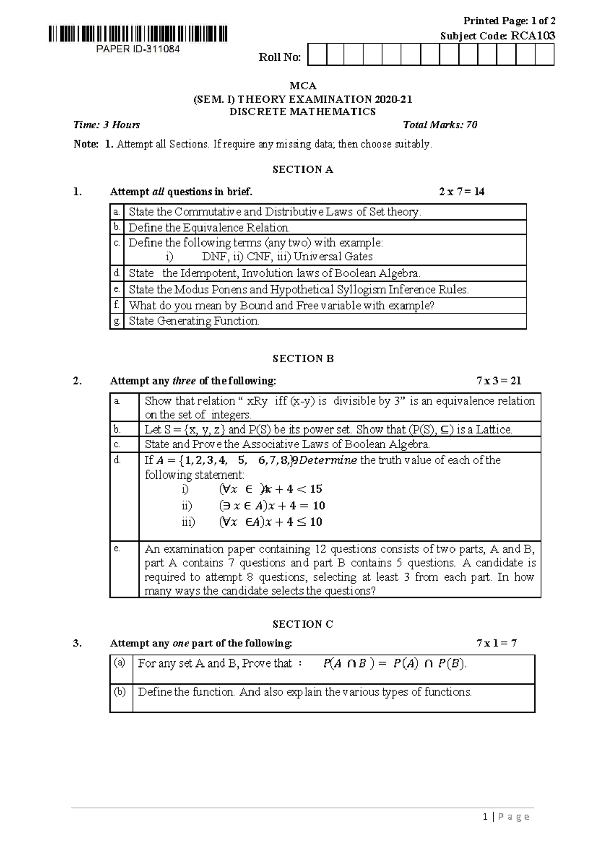 MCA SEM I Discrete Mathematics Exam Notes RCA103 2021 - Studocu