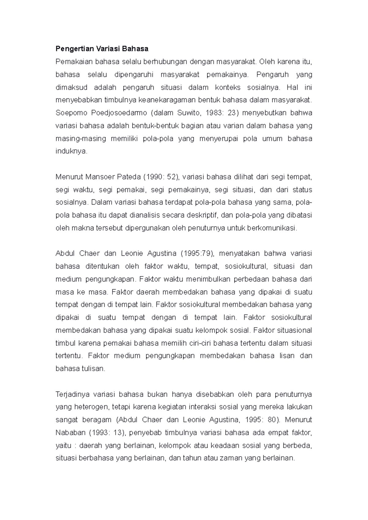 Pengertian dan Jenis Variasi Bahasa: Studi Literatur dan Analisis - Studocu