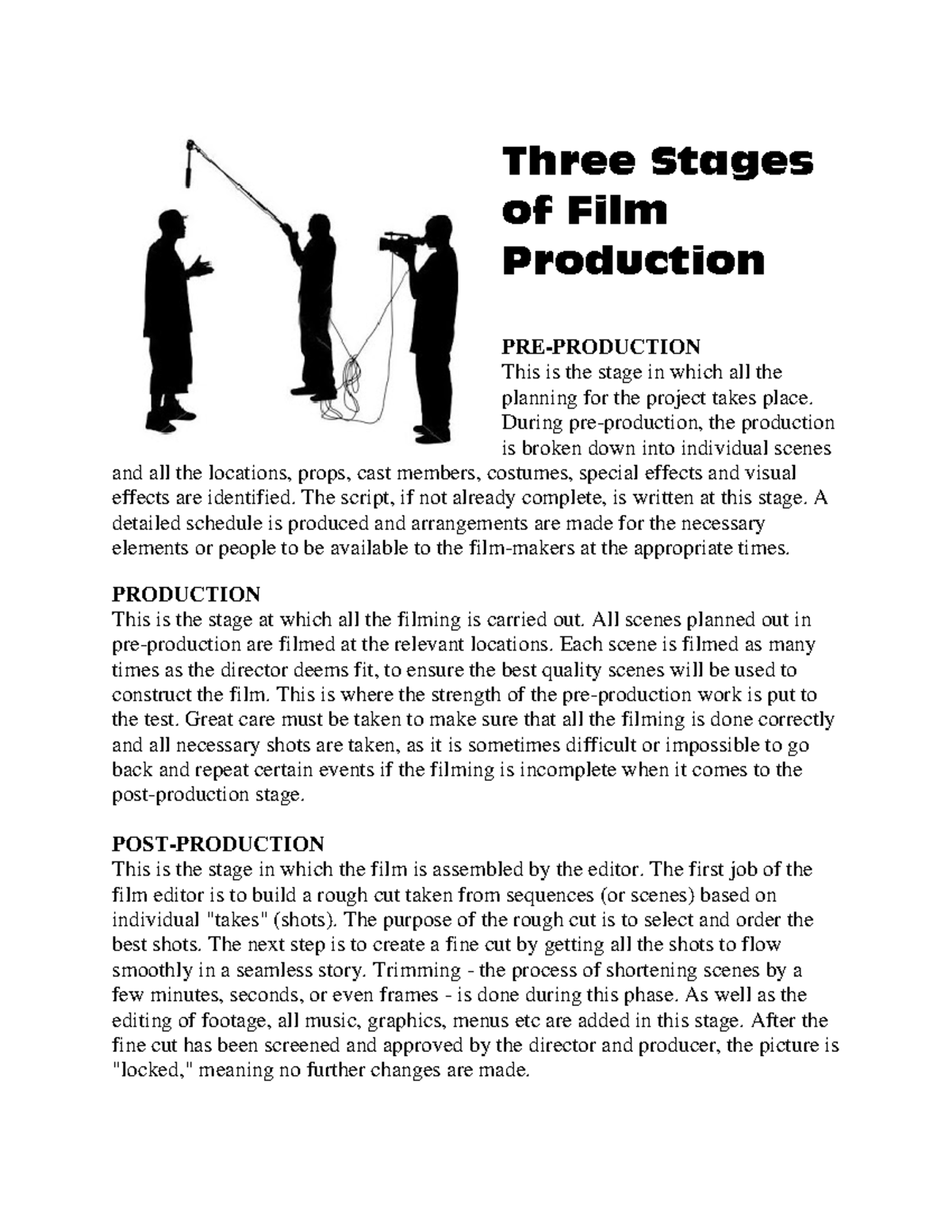 Three Stages of Film Production: Planning, Filming, Editing - Studocu