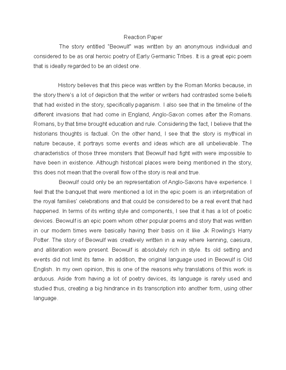 Beowulf Literature Quiz Response Paper Analysis - Studocu