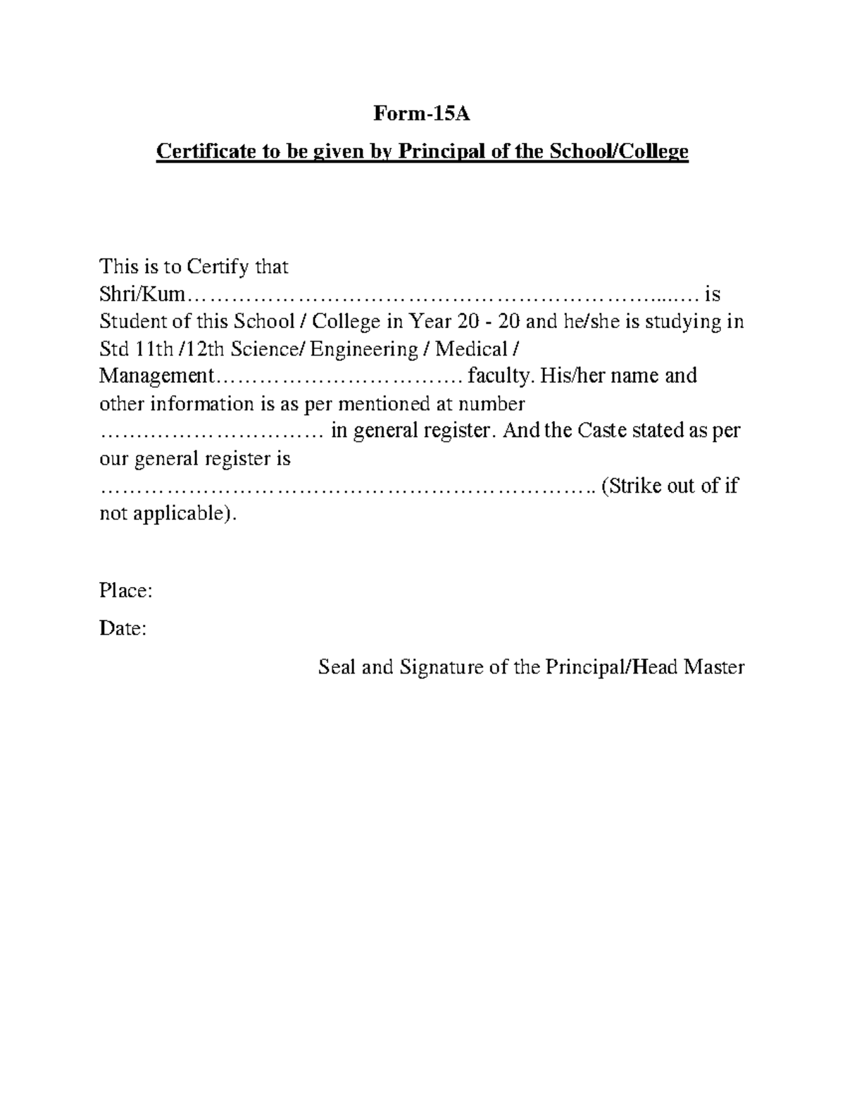 Form 15A Certification Template for School/College Students - Studocu