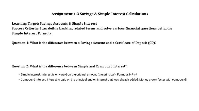 Assignment 1.3: Savings Accounts & Simple Interest Calculations - Studocu