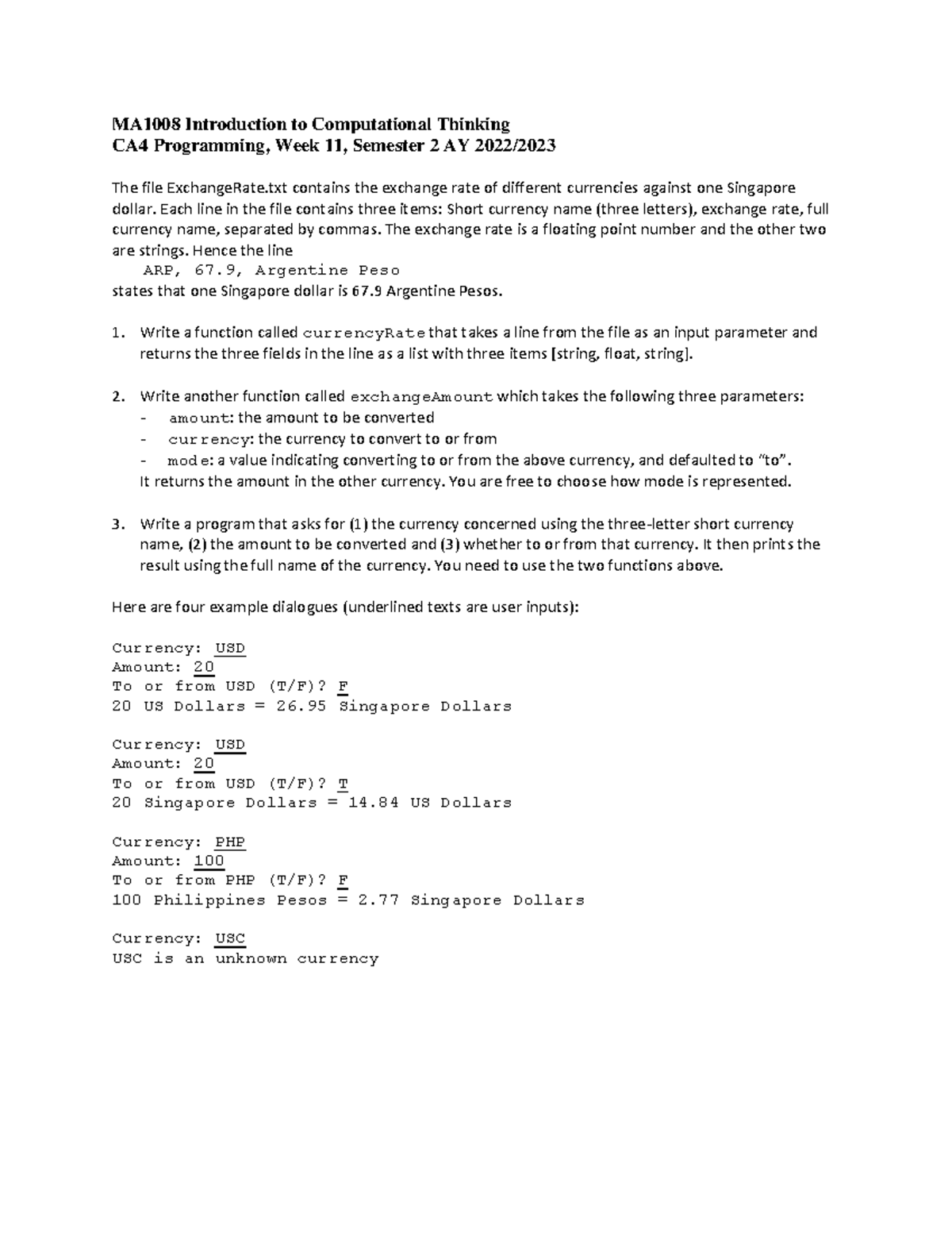 MA1008 Programming Test 6: Currency Conversion Functions - Studocu