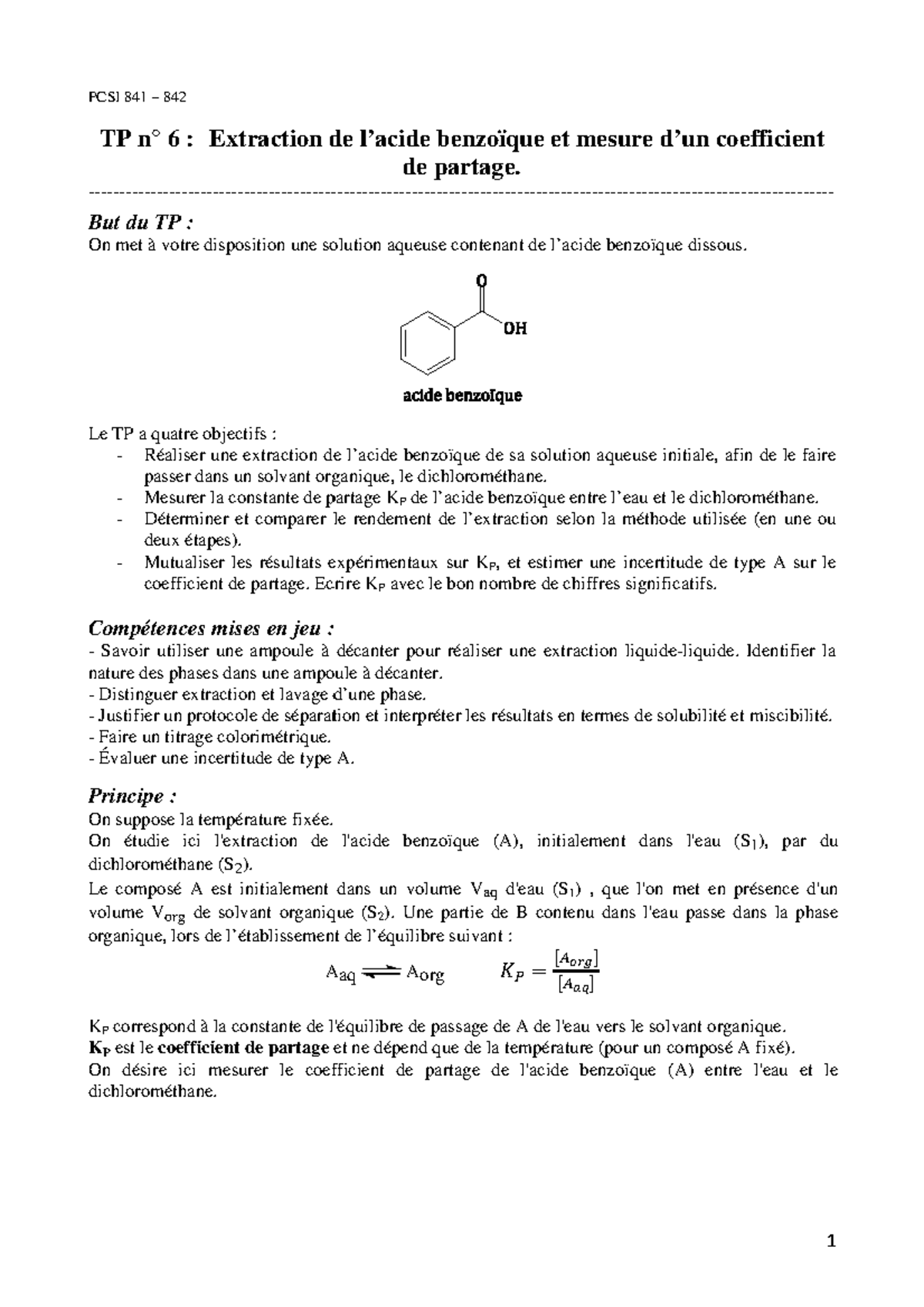 TP07 PCSI 841 842 : Coefficient de Partage de l'Acide Benzoïque - Studocu