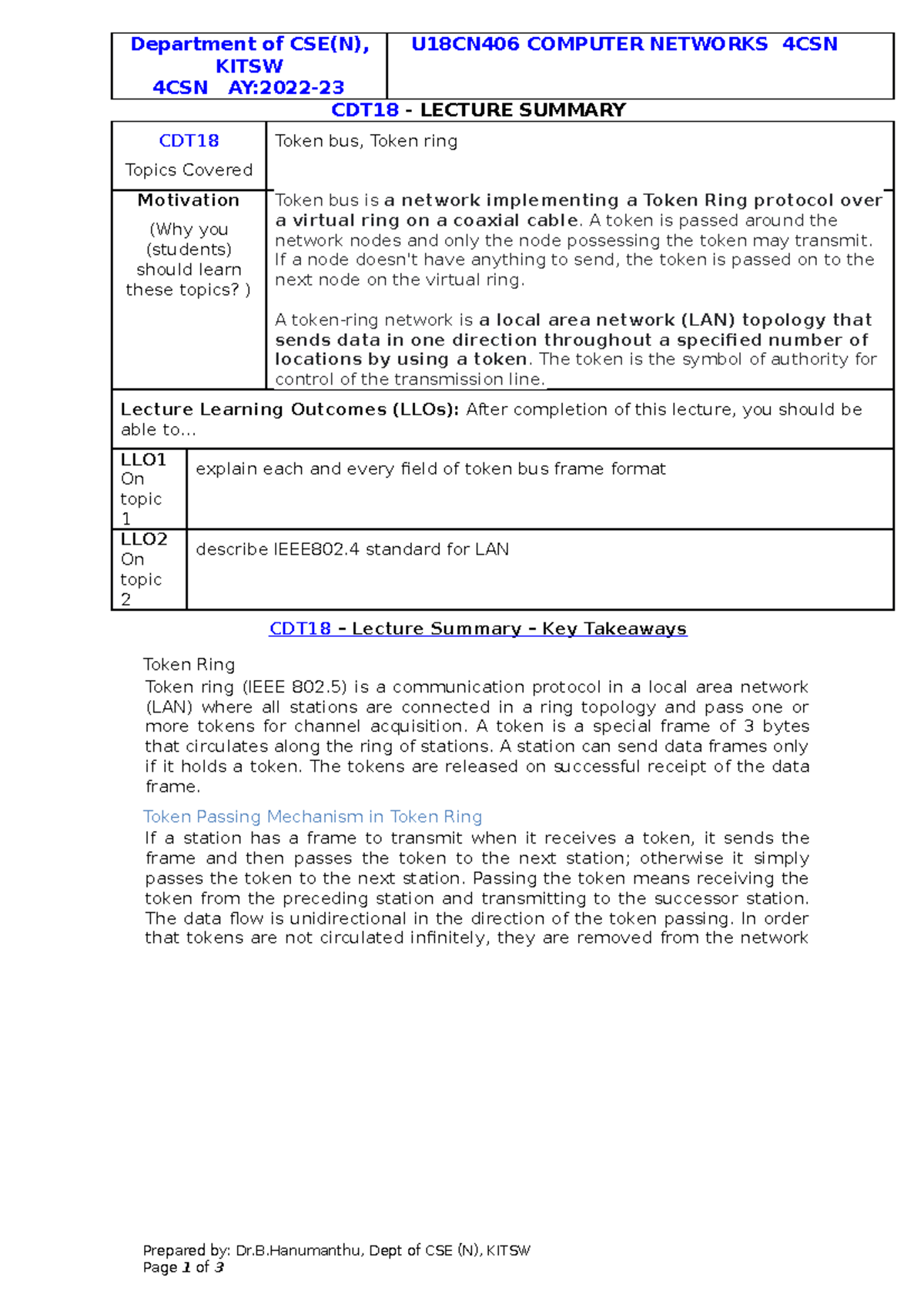 CN CDT18 - Token bus, Token ring - Department of CSE(N), KITSW 4CSN AY ...