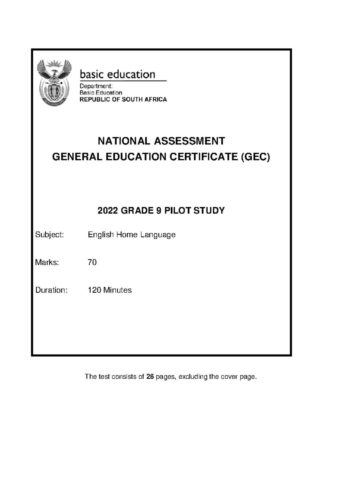Grade 9 English HL GEC Test - Pilot Study Practice Exam Insights - Studocu