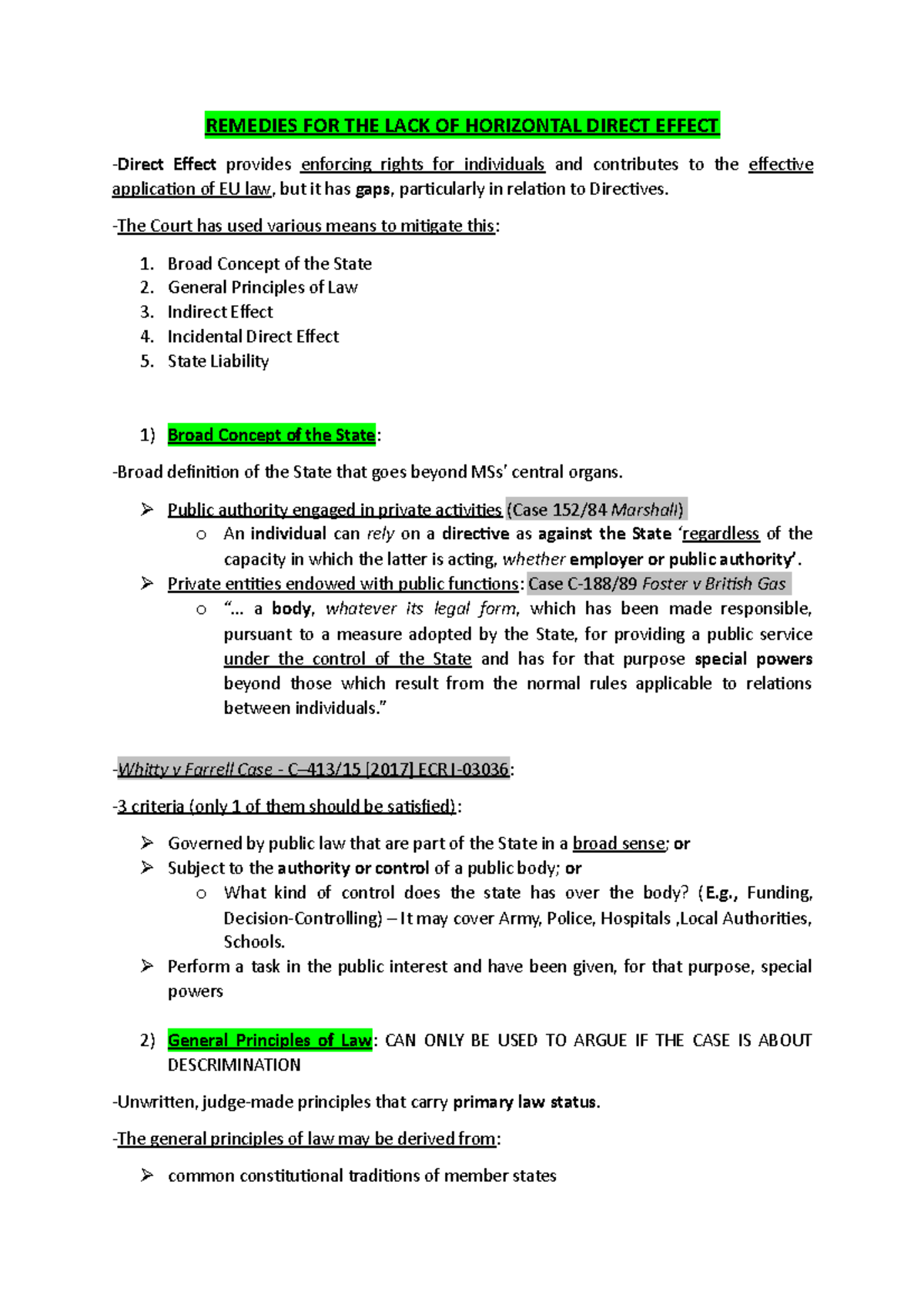 Notes Horizontal Direct Effect Explanation And The Remedies Of The Topic Remedies For The