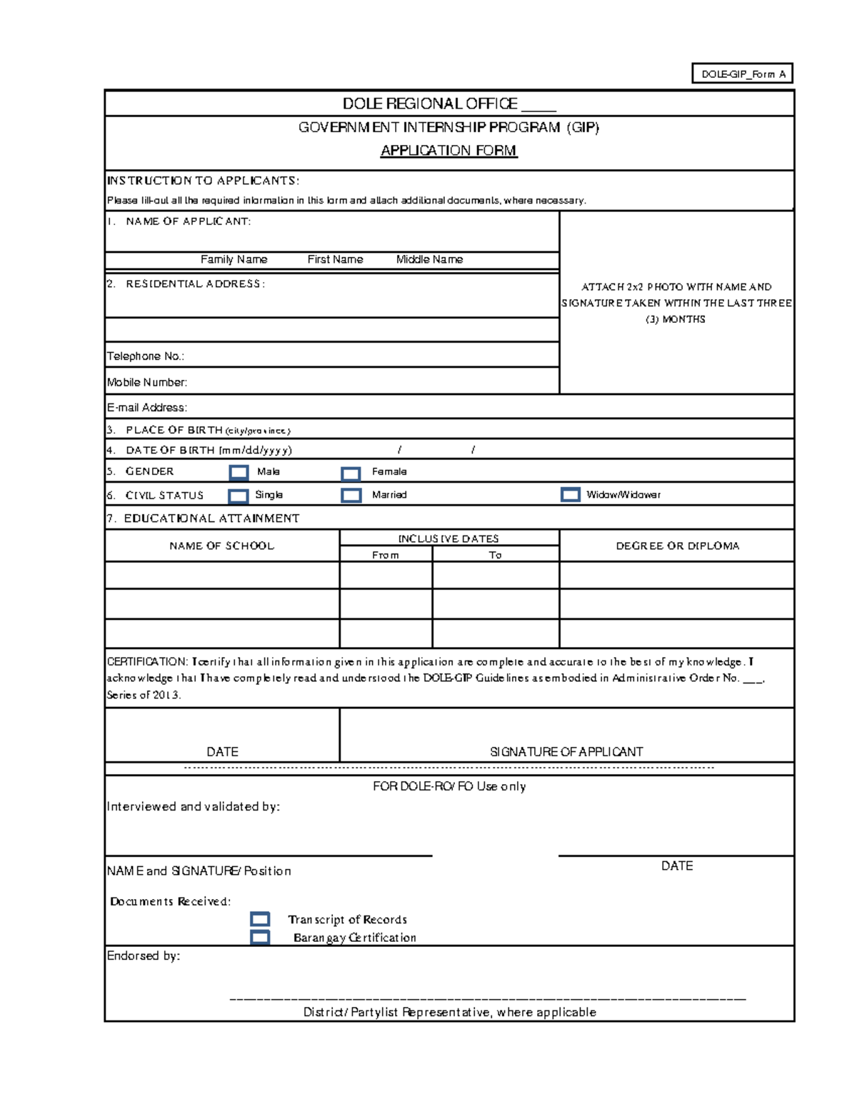 GIP Application Form A - Educational Requirements and Instructions ...