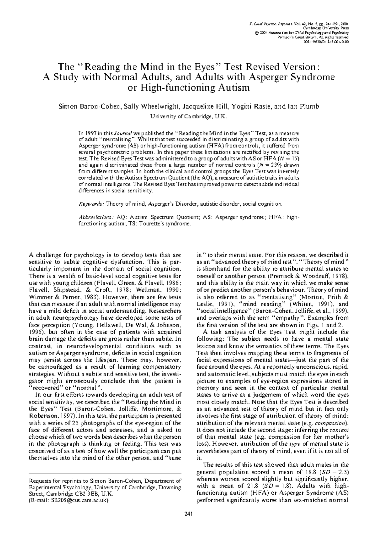 "Revised Reading the Mind in the Eyes Test: Insights by Baron-Cohen et ...