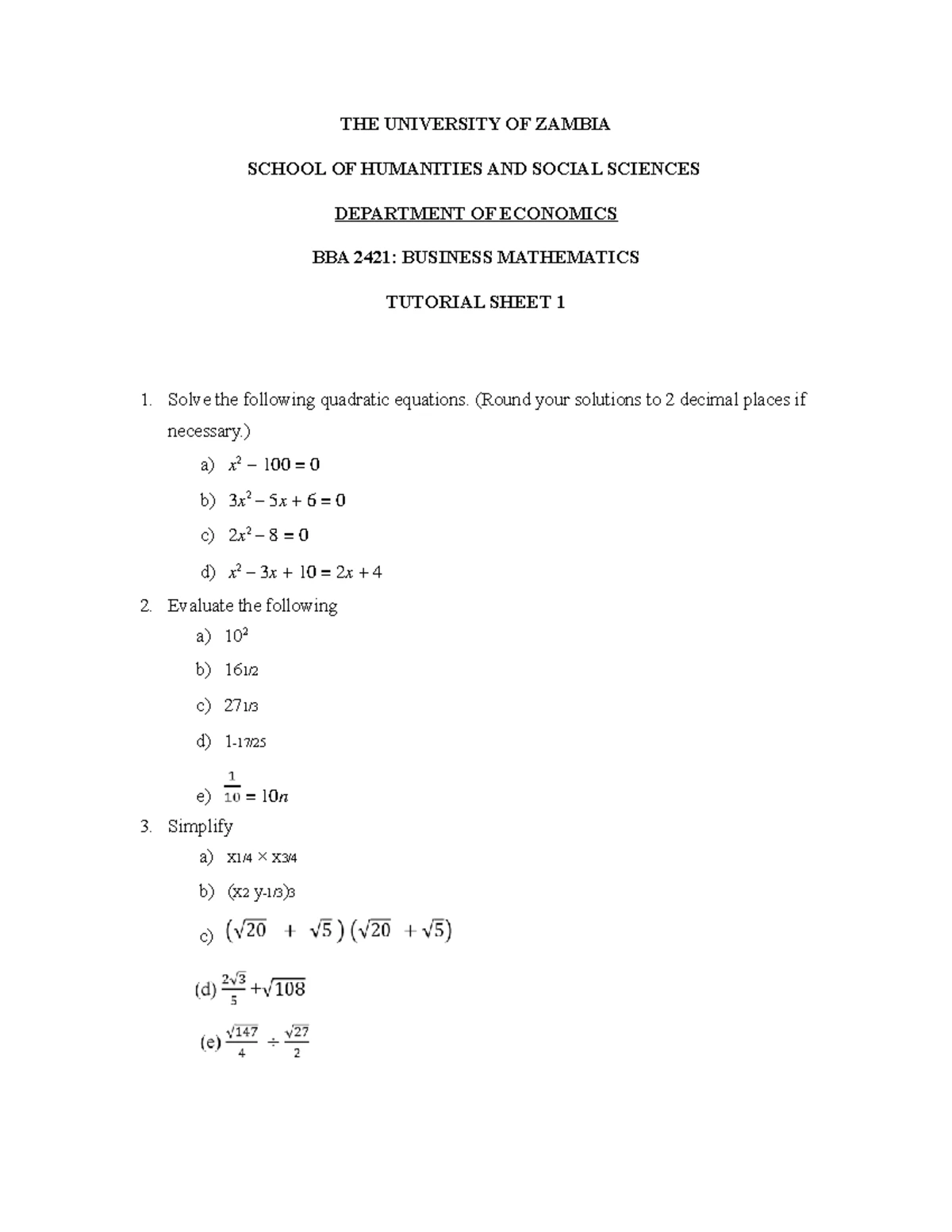 BBA 2421: Business Mathematics Tutorial Sheet 2 - Key Questions ...