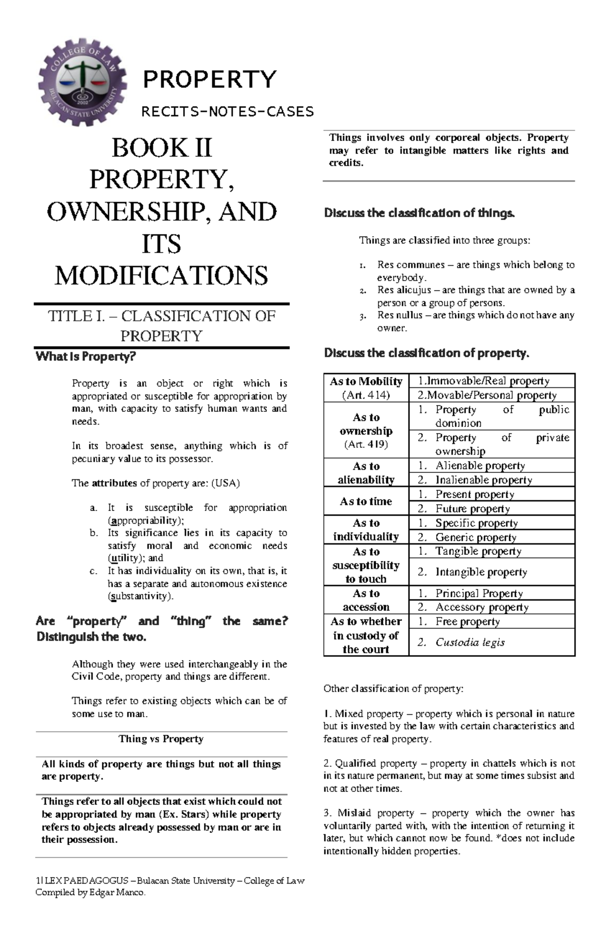 PROPERTY LAW II: CLASSIFICATION OF PROPERTY AND OWNERSHIP OUTLINE - Studocu