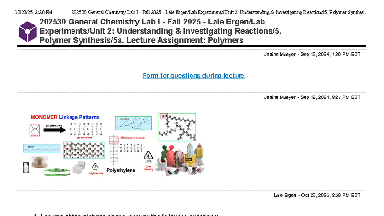 202530 General Chemistry Lab I: Polymer Investigation Lecture Notes ...