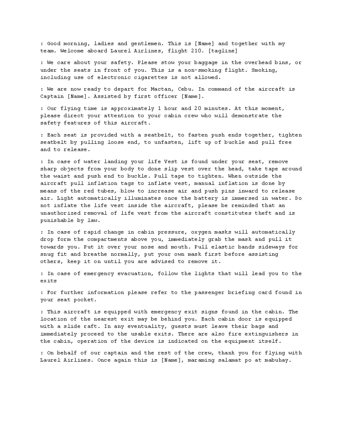 Laurel Airlines Flight 210 Safety Briefing Script Draft 1 - Studocu