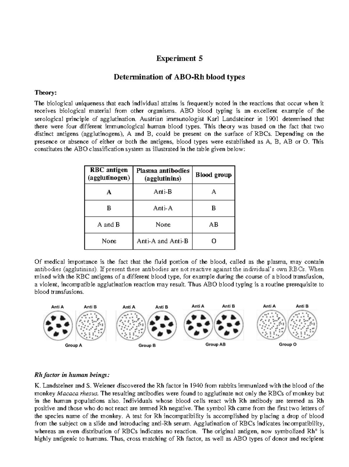 Experiment 5: ABO-Rh Blood Grouping Analysis and Procedures - Studocu