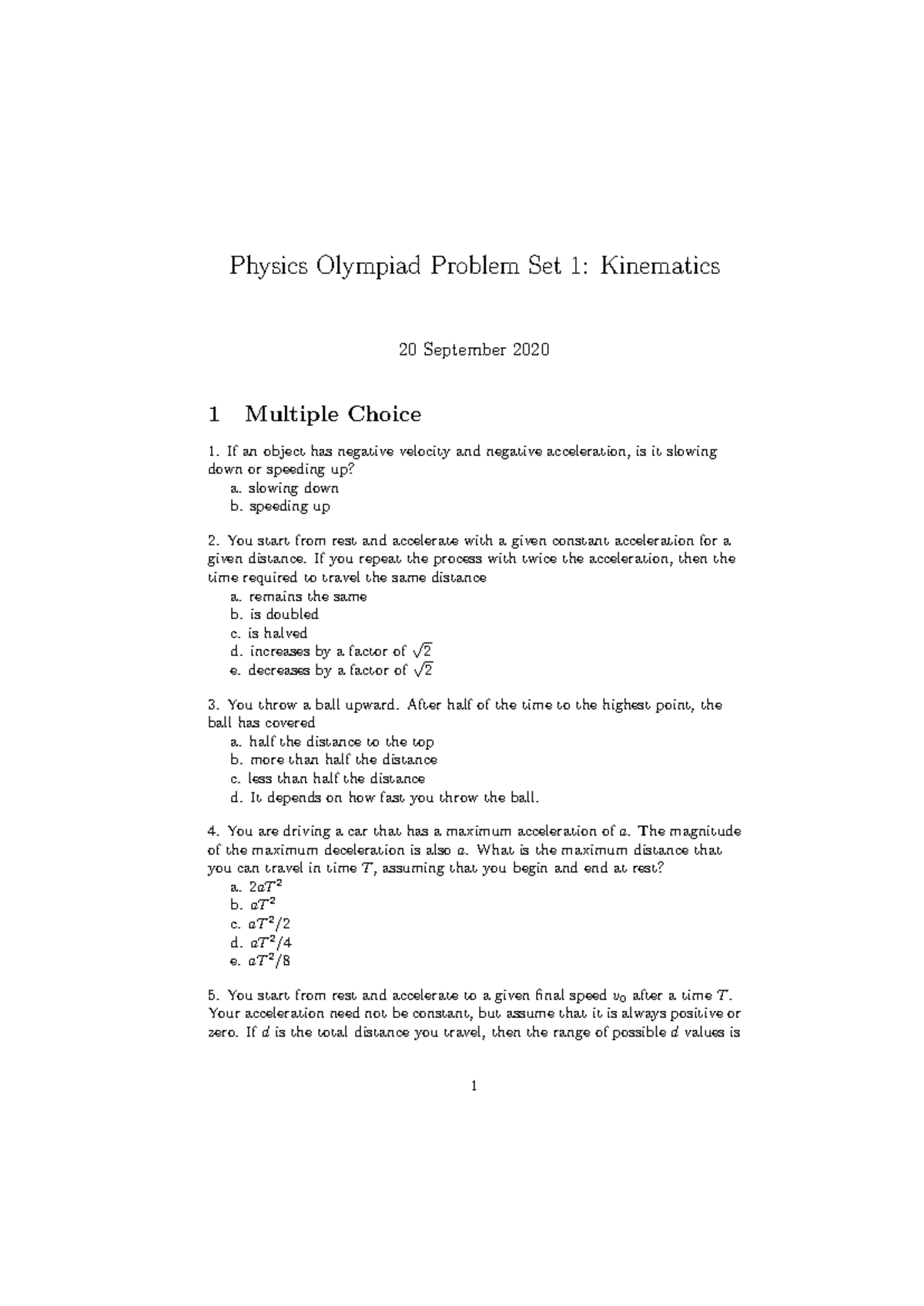 Kinematics Problems for Physics Olympiad - Problem Set 1 - Studocu