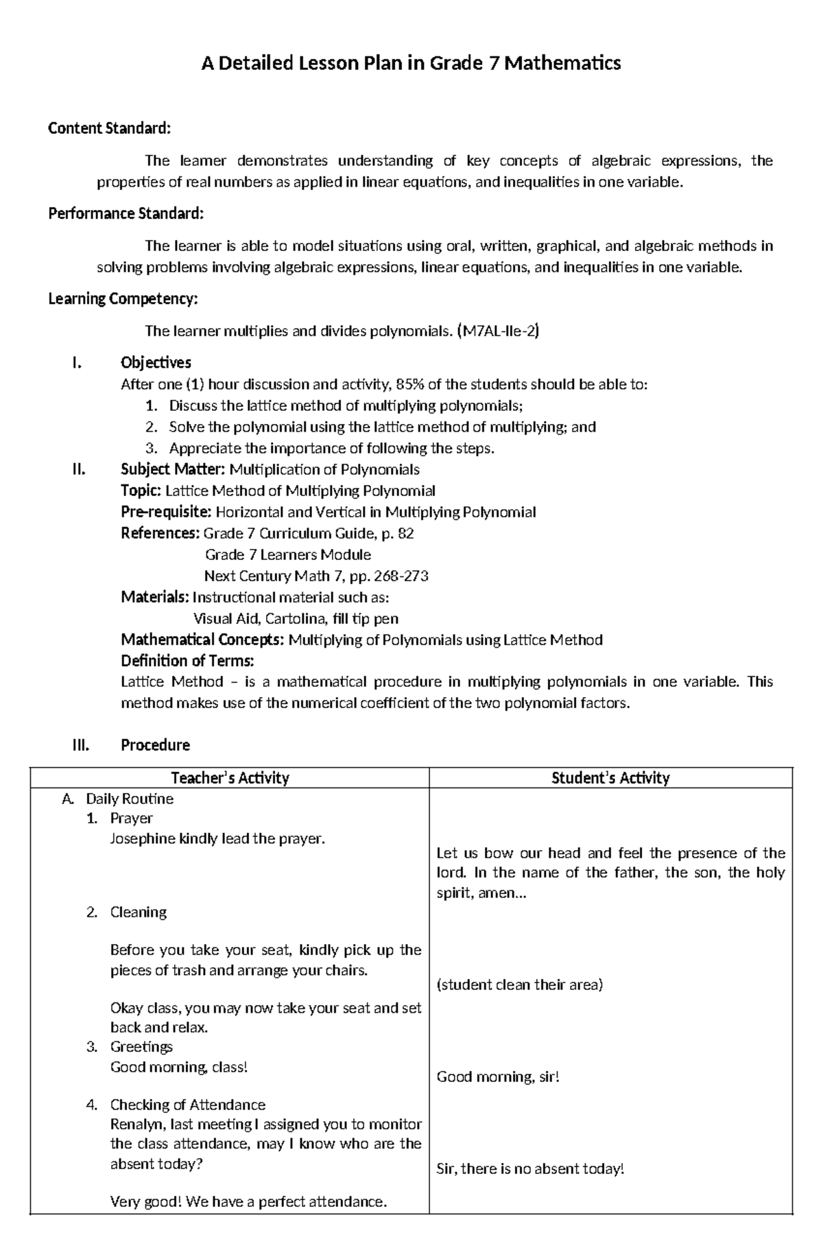 398764777 Detailed Lesson Plan in Grade 7 Mathematics - A Detailed ...