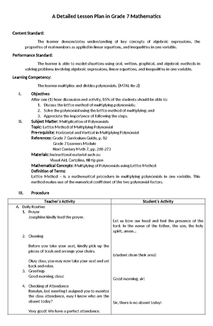 7th Grade Math Lesson Plan: Adding Integers (M7NS-Ic-5) - Studocu