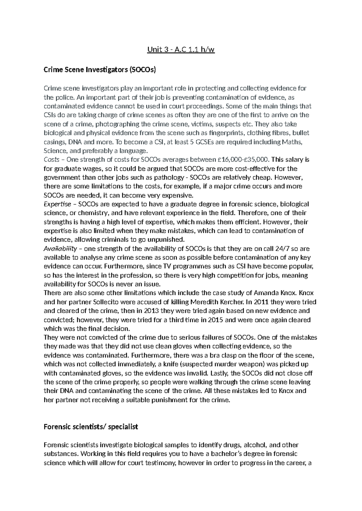 Unit 3 - A.C 1.1 Homework on Crime Scene Investigators and Forensics ...