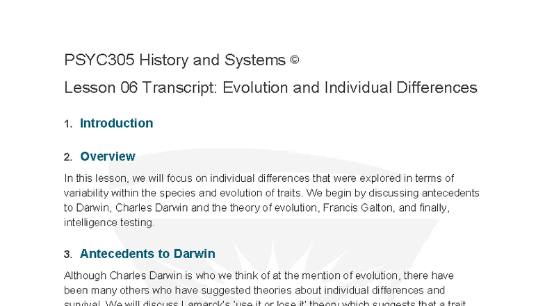 PSYC305 History & Systems Lesson 06: Evolution & Individual Differences ...