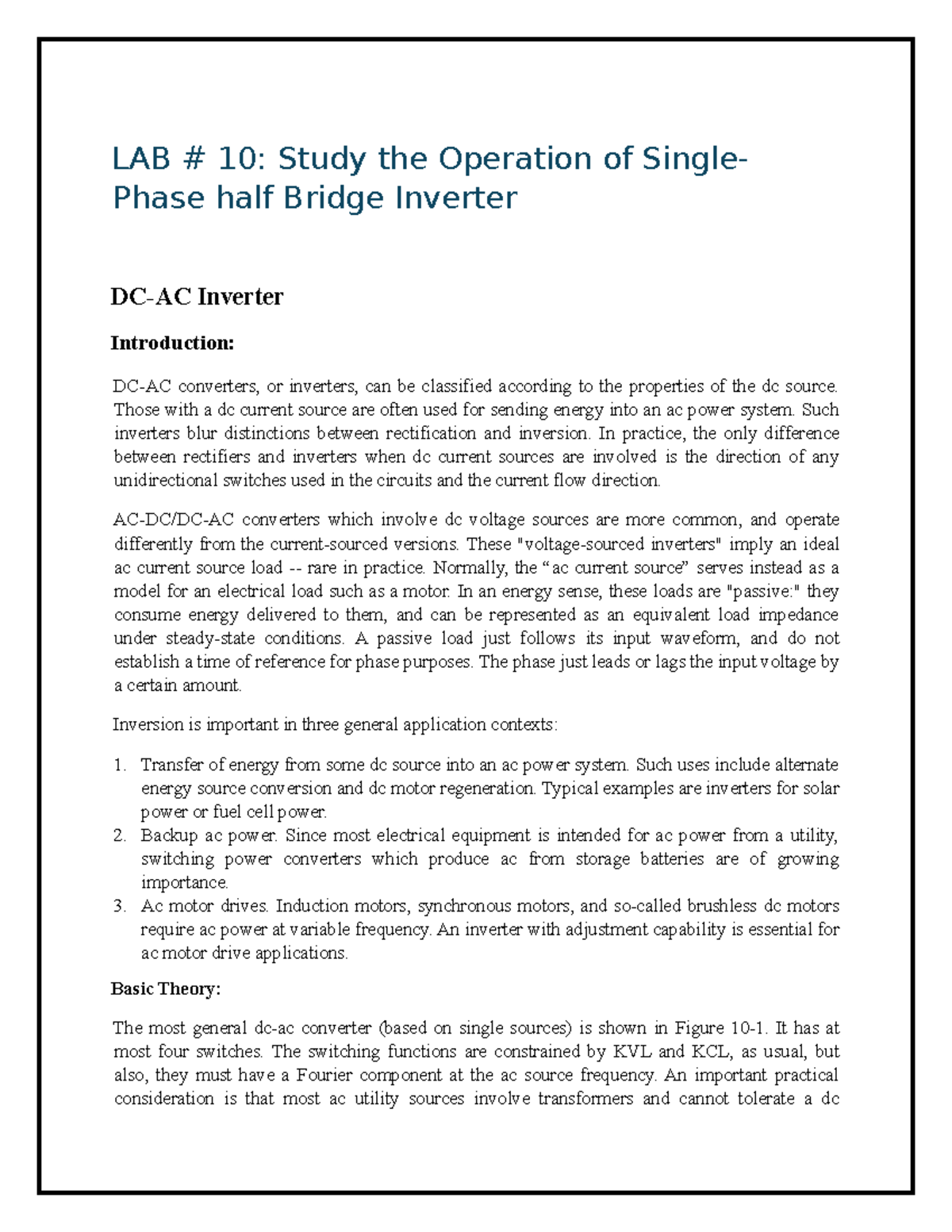 PE LAB 10: Half Bridge Inverter Operation Study and Analysis - Studocu