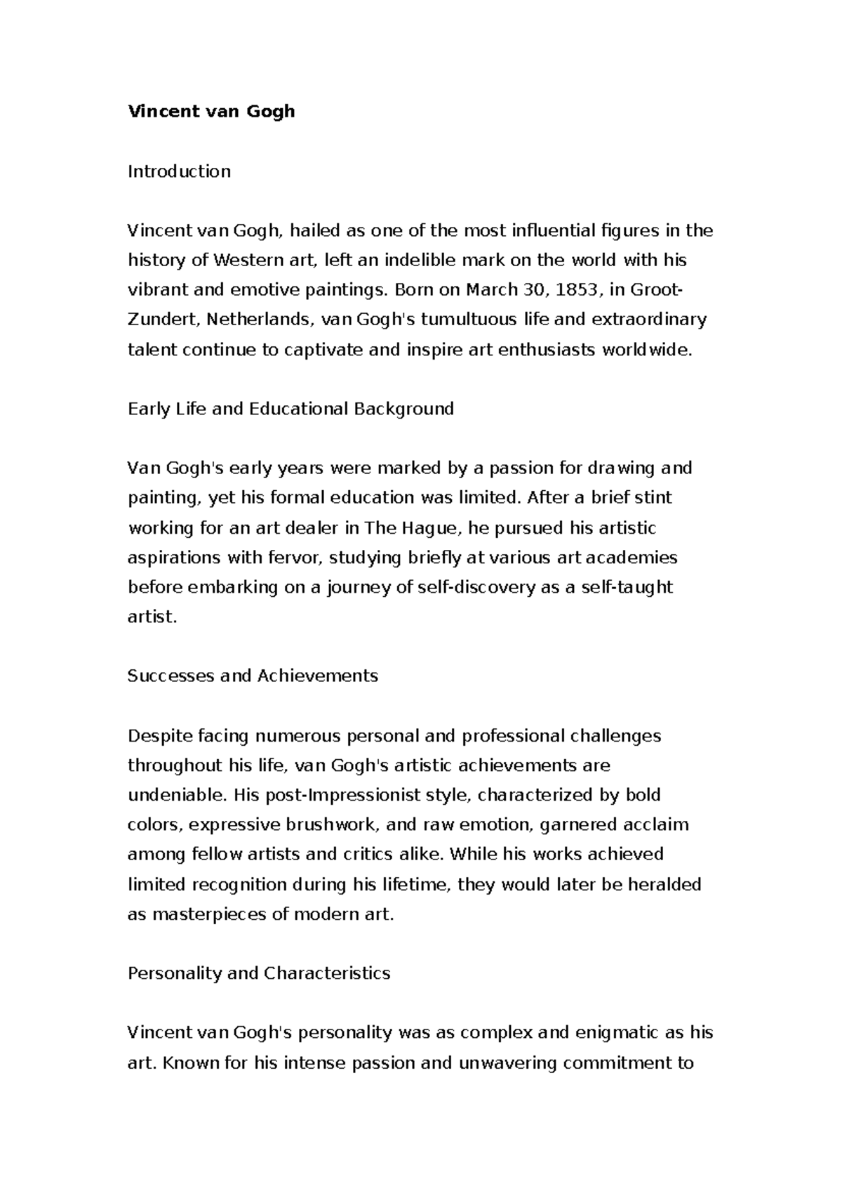 Vincent van Gogh: A Journey Through His Life and Masterpieces - Studocu