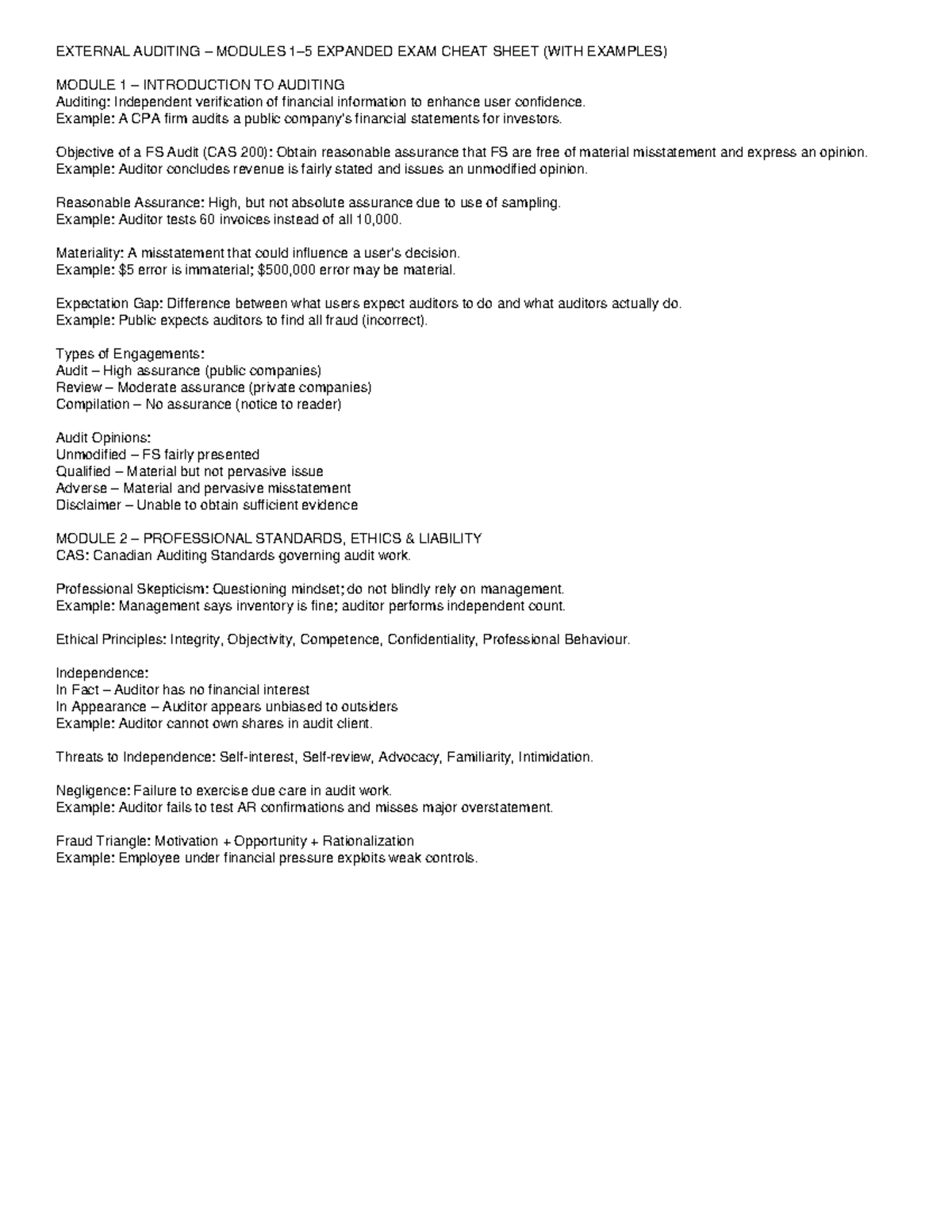External Auditing Modules 1-5 Expanded Exam Cheat Sheet - Studocu