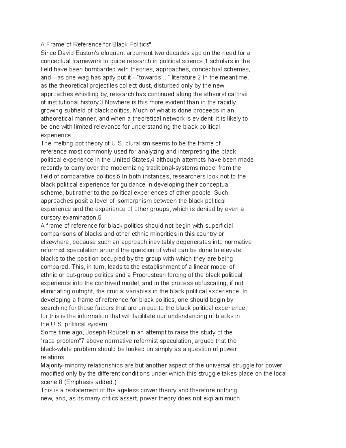 A Frame of Reference for Understanding Black Politics in the U.S. - Studocu