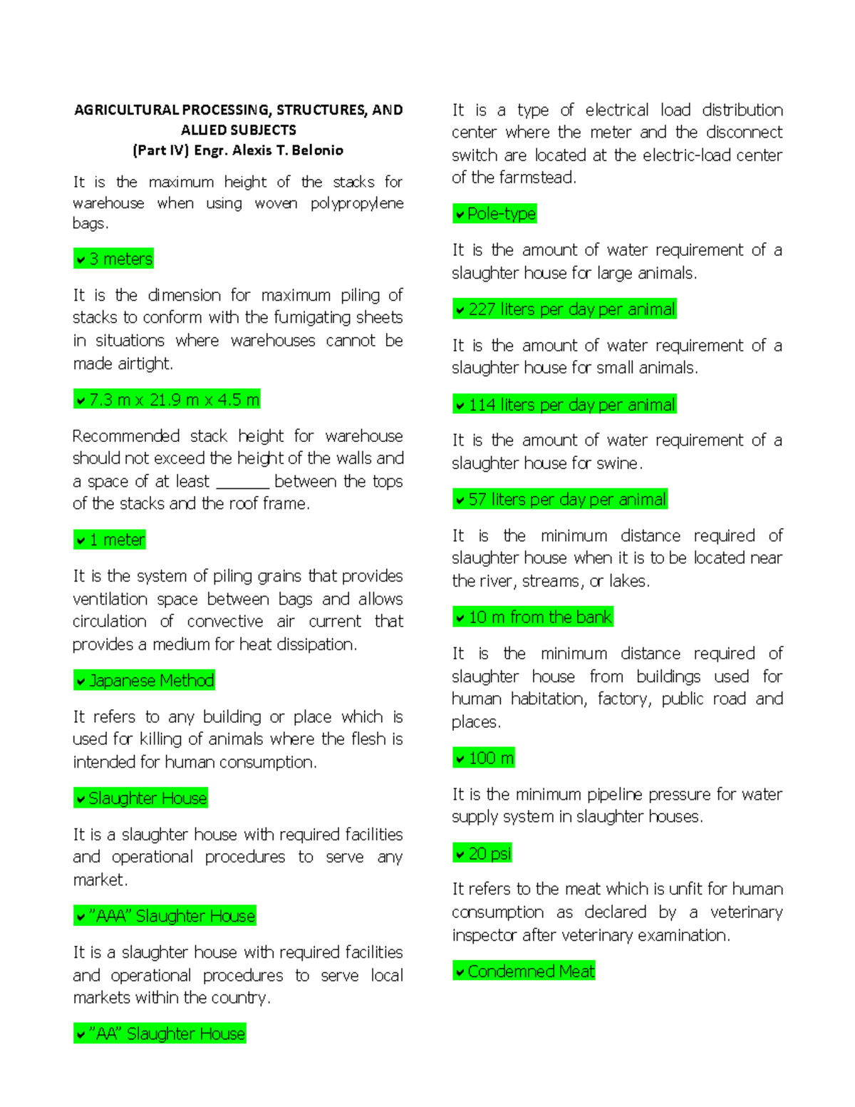 AGRICULTURAL PROCESSING & STRUCTURES (Preboard Qs) - Engr. Belonio ...