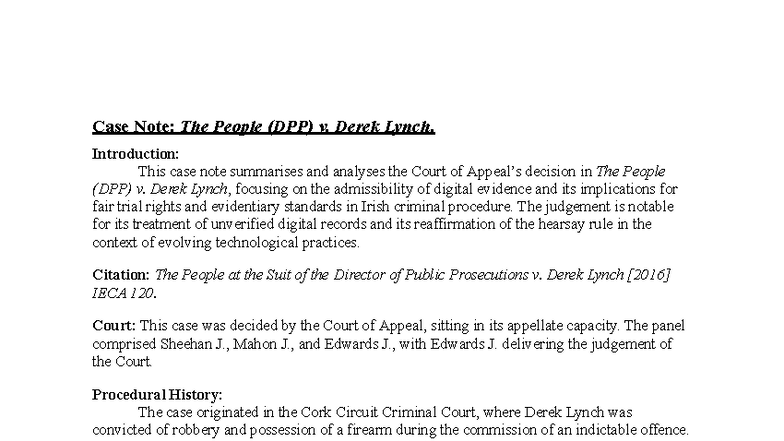 People (DPP) v. Derek: Case Note on Digital Evidence & Hearsay - Studocu