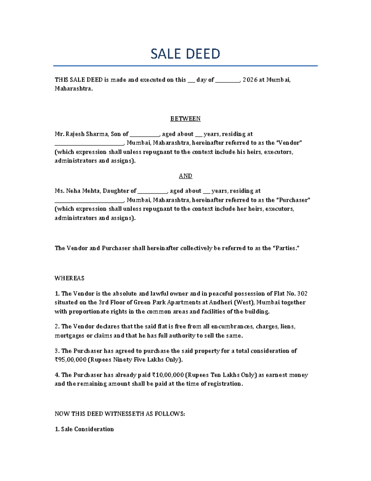 SALE DEED DRAFT FOR MUMBAI FLAT - 2026 - Studocu
