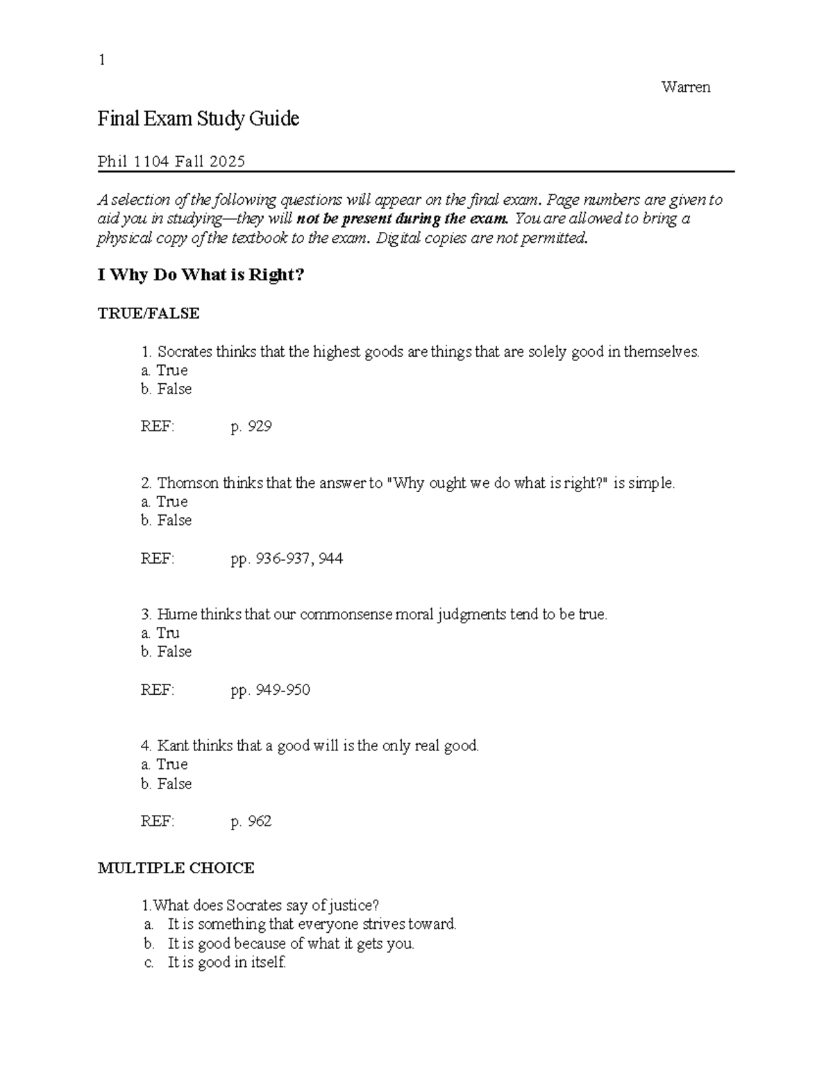 PHIL 1104 Final Exam Study Guide - Key Concepts & Questions - Studocu