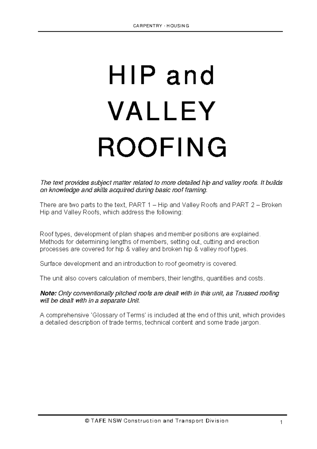 TAFE NSW Carpentry: Hip and Valley Roofing Techniques - Studocu