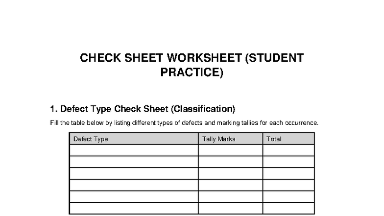 Check Sheet Worksheet - Total Quality Management - CHECK SHEET ...