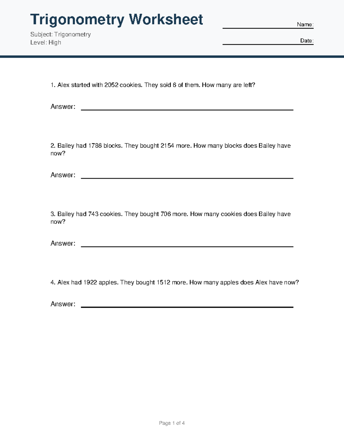 Trigonometry Worksheet 1: High Level Practice Problems - Studocu