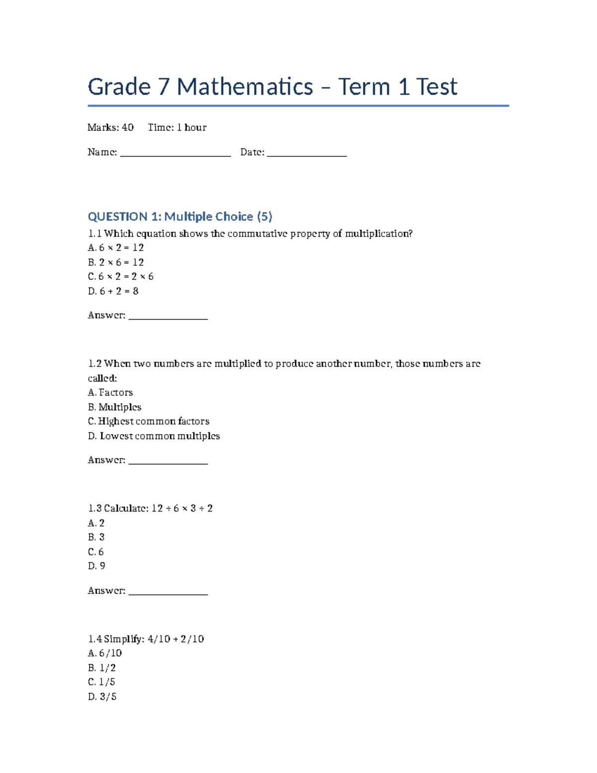 Grade 7 Math Term 1 Test with Answer Lines - Studocu