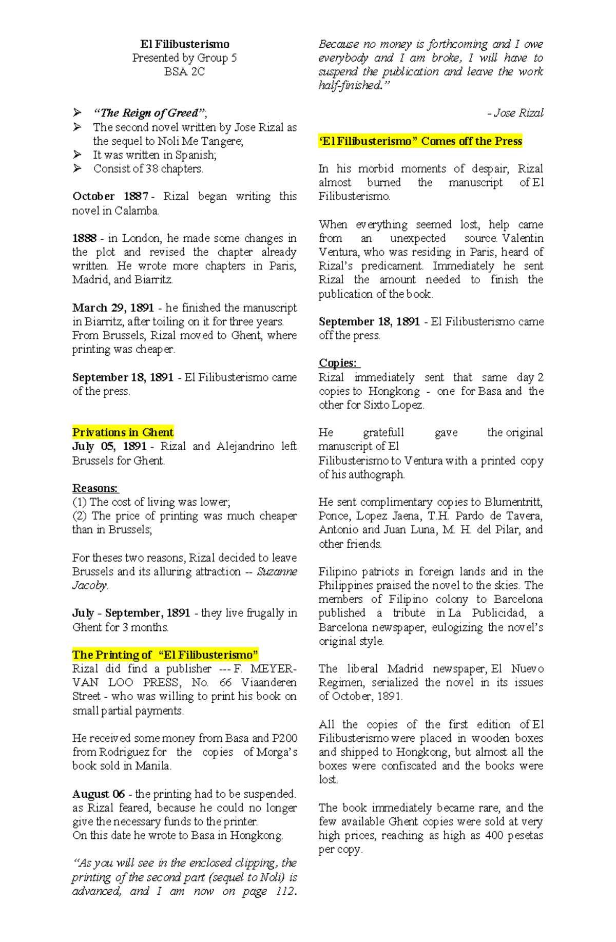 El Filibusterismo: A Critical Overview of Rizal's Sequel (BSA 2C) - Studocu