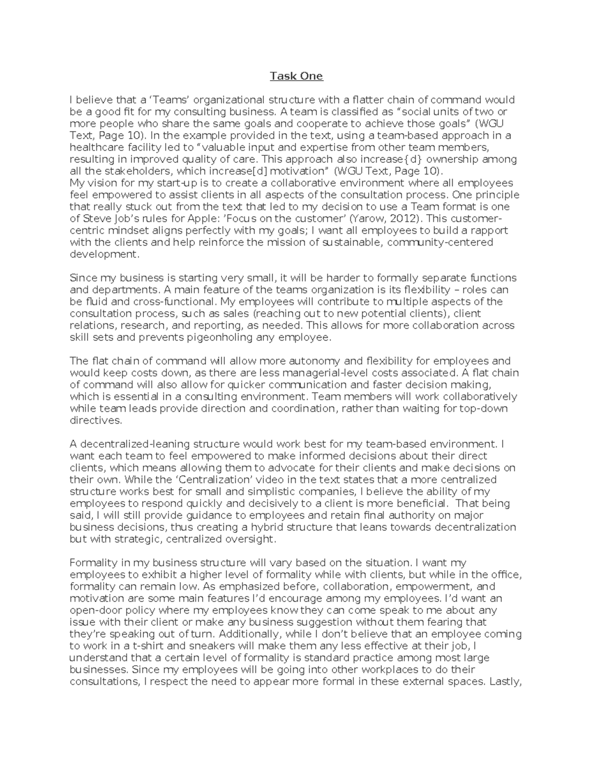 D078 - Task One: Implementing a Flat Organizational Structure - Studocu