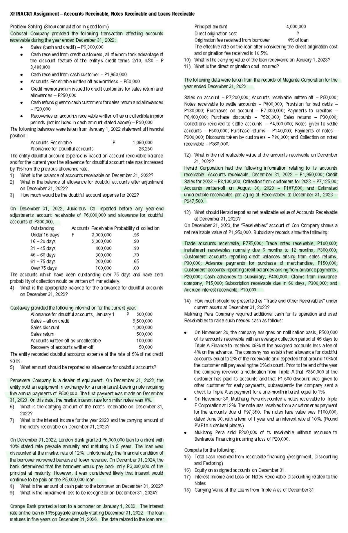XFINACR1 Assignment on Accounts Receivable, Notes, and Loans Analysis ...