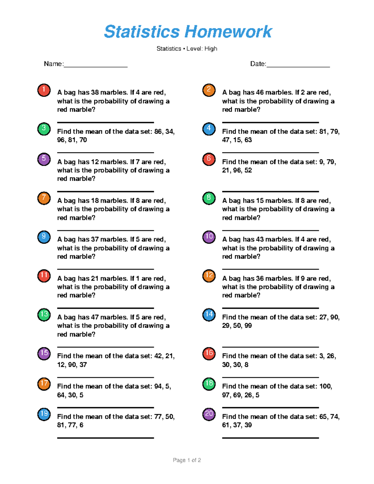 Statistics Homework: Probability & Mean Calculations (Level High 1 ...