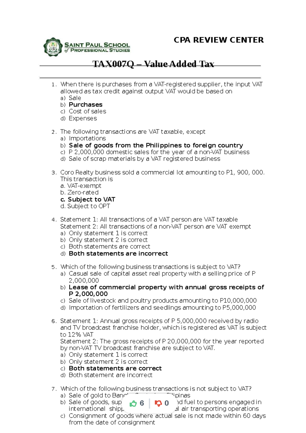 Tax007Q: Comprehensive VAT Test Bank for CPA Review - Studocu