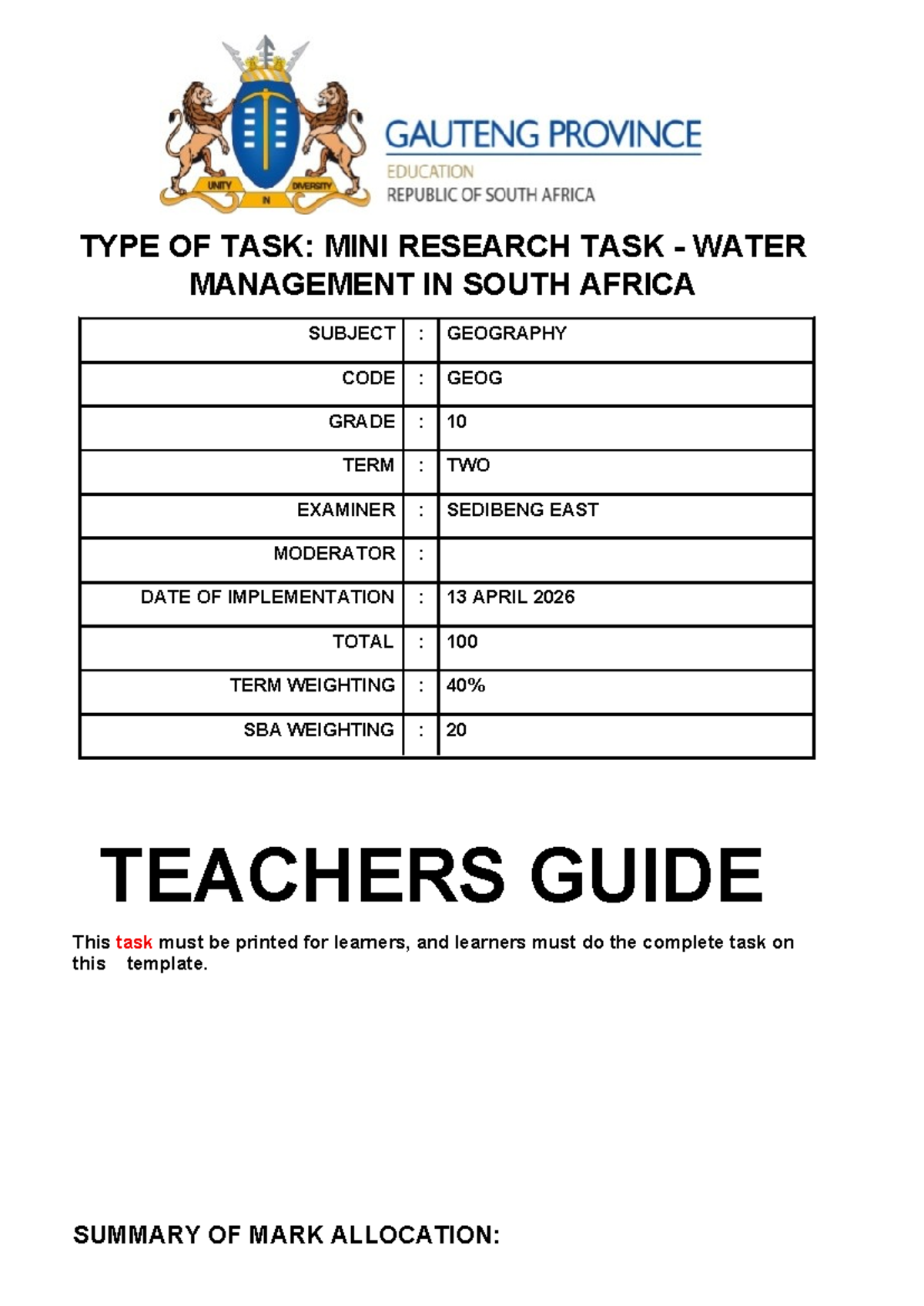 2026 GEOG G10 Mini Research Task: Water Management in SA - Studocu